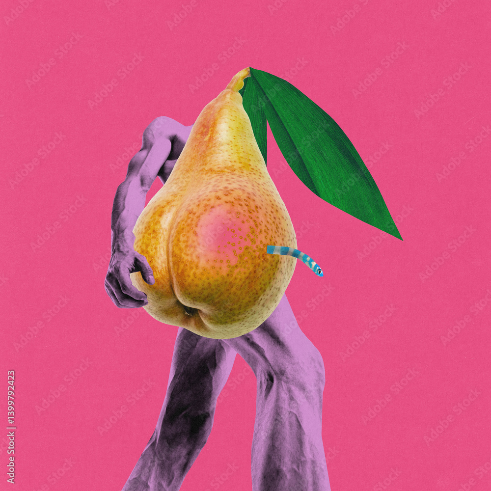 Poster. Contemporary art collage. Muscular male figure merged with ...