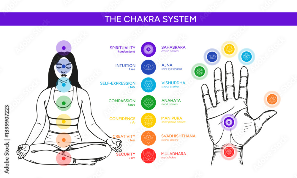 Chakras on a hand palm infographic vector illustration. Silhouette of female human body in a ...