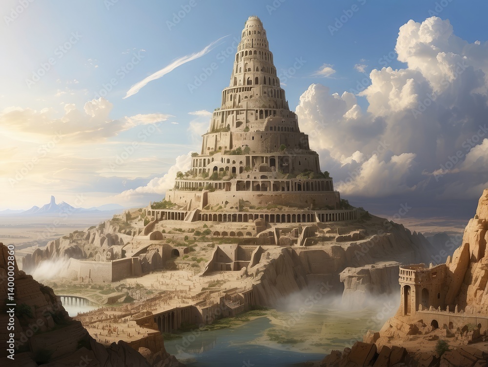 Ancient Tower of Babel: Mesopotamian Ziggurat in Desert Landscape Stock ...