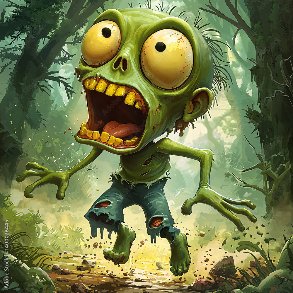 funny cartoon zombie running in forest with exaggerated scared ...