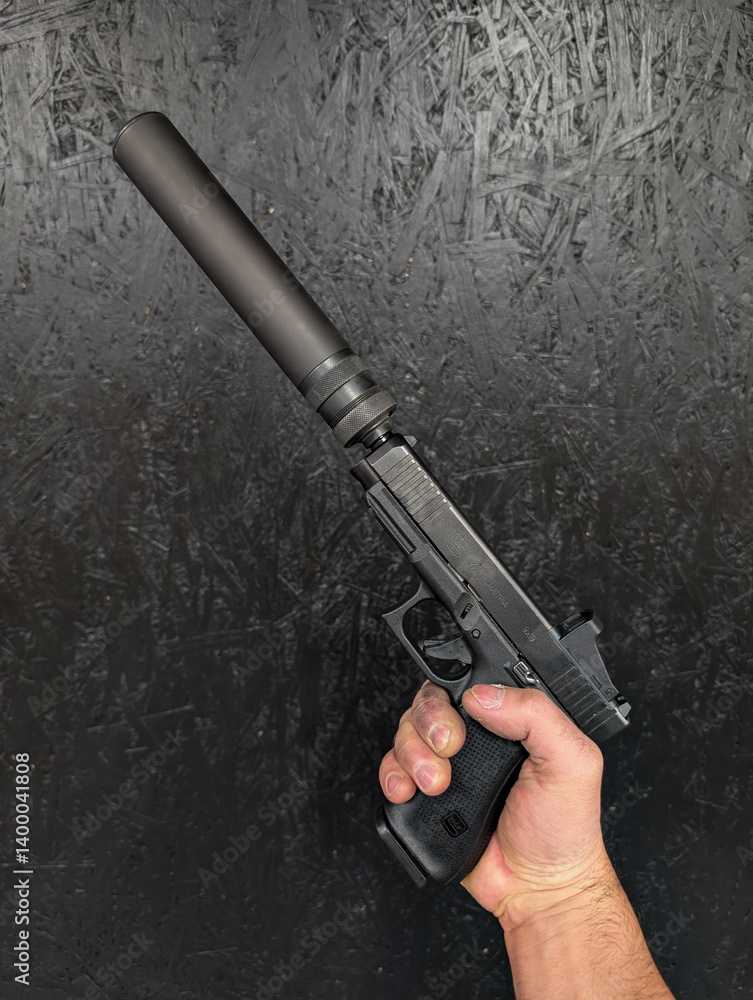 Baltics, April 10, 2025: Vertical photo of a hand holding a Glock 47 ...