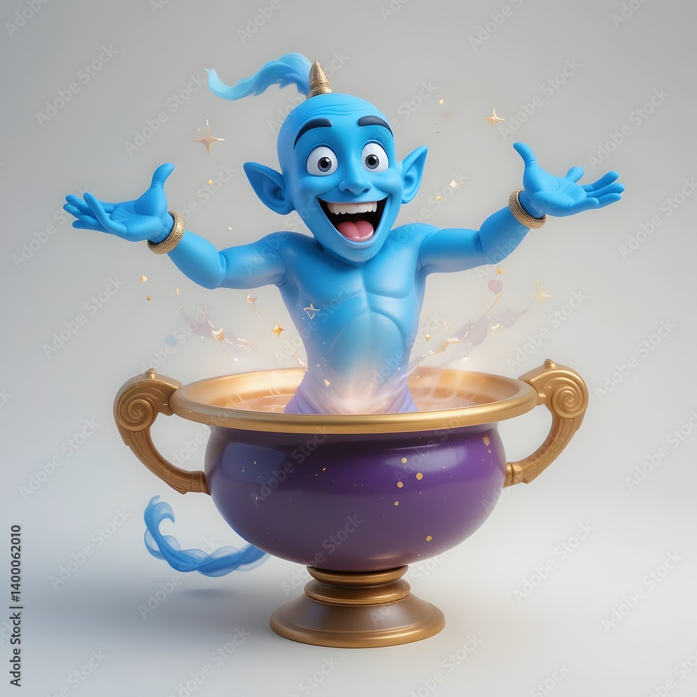 Whimsical genie emerging from a magical lamp bursting with golden light ...