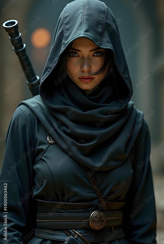 AI generated. Dark Hooded Female Hunter in 3D. Mysterious Sci-Fi ...