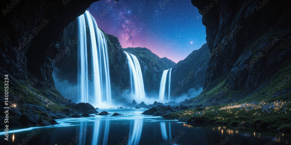 Fantasy Starry Waterfalls A massive waterfall cascading down a cliff ...