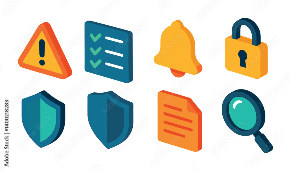 Isometric flat vector set of icons of risk and compliance: warning ...