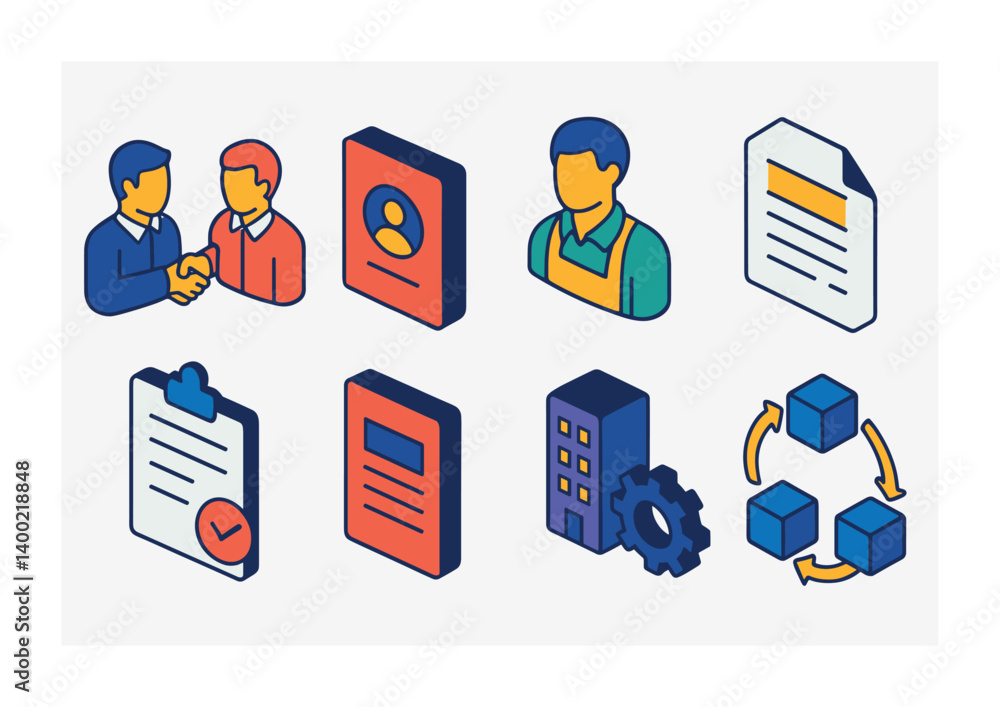 Isometric flat vector set of icons of B2B services: business handshake ...