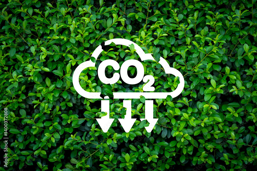 CO2 emission concept on eco-friendly nature background, green leaves ...