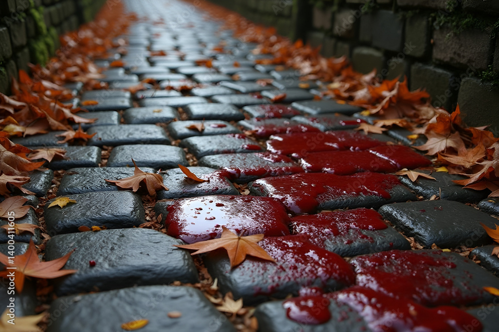 Bloodstains on stony ground. Red blood spills across cobblestone path ...