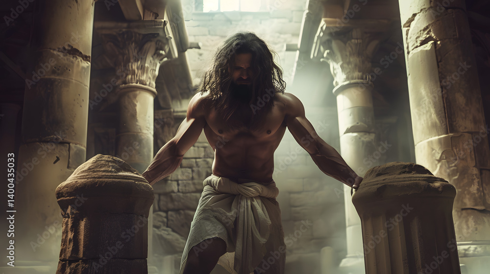 Ultra-realistic photo of a muscular man with long hair pushing two ...