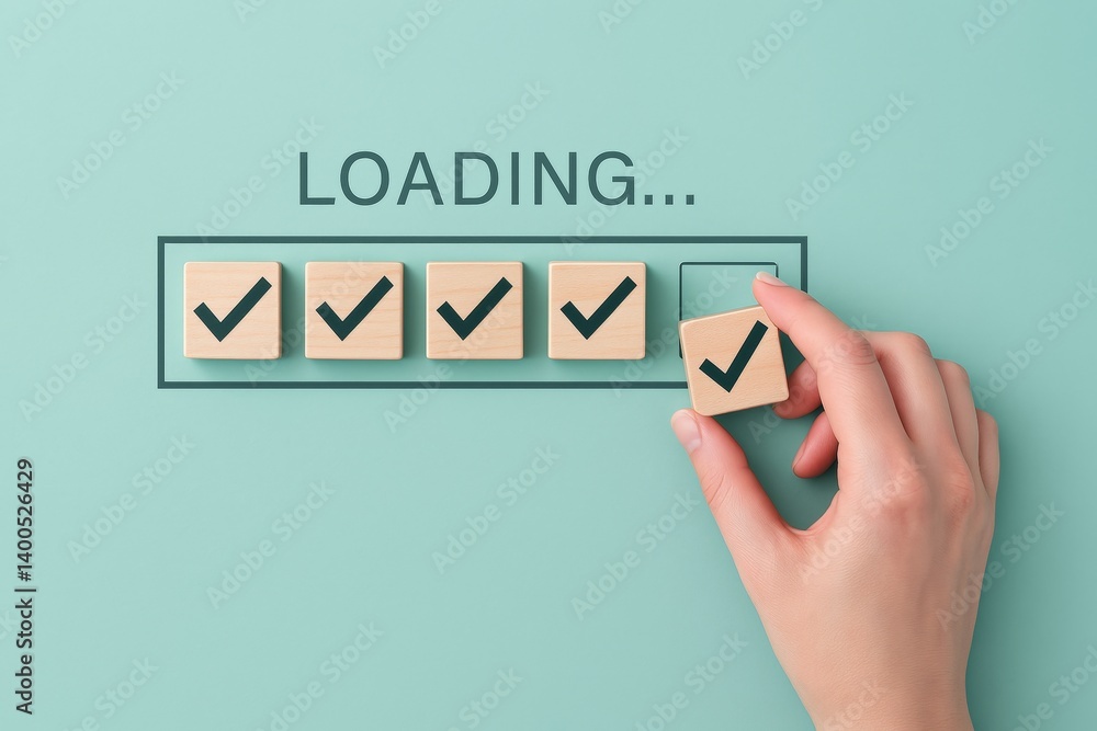 Hand placing the last wooden cube with a check mark to complete a loading bar, symbolizing ...