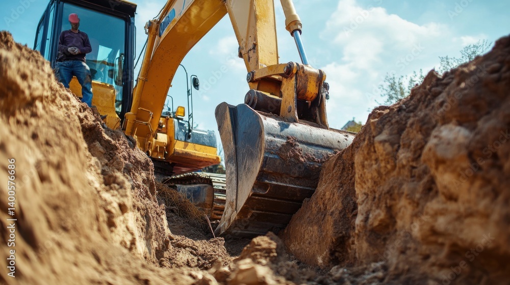 Construction worker operating an excavator for trench digging ...