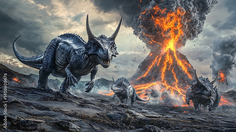 Prehistoric creatures face volcanic eruption. Three dinosaurs, possibly ...