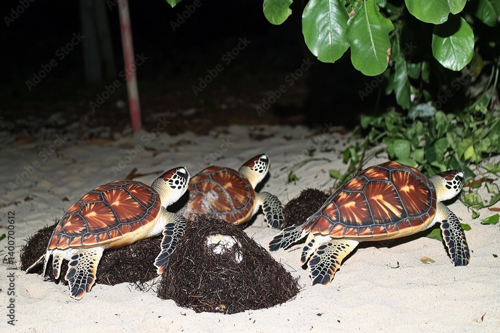 Group of sea turtles nesting on a beach during sunrise, marking a vital ...