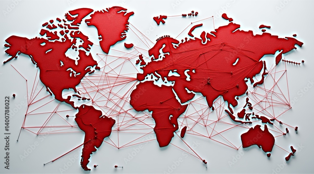 World map art in red with connecting lines across continents. reciprocal tariffs, tariffs war ...