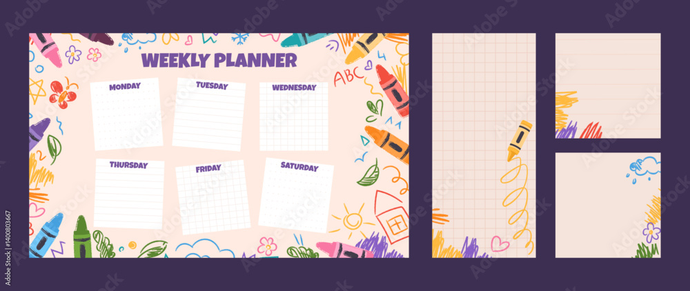 Cute set of printable weekly or daily planner with cute crayons ...