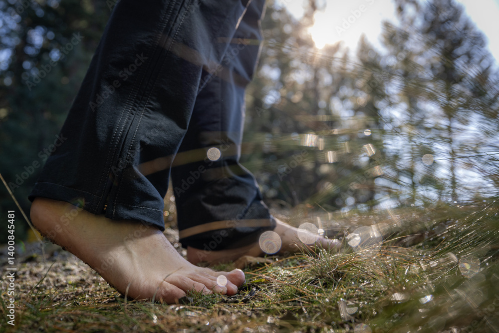 Human feet of an adult male walking barefoot in a forest as a form of ...
