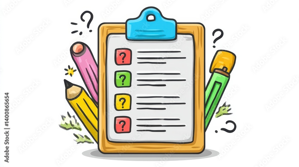 Colorful Pixel Art Checklist Clipboard with Pencils and Question Marks ...