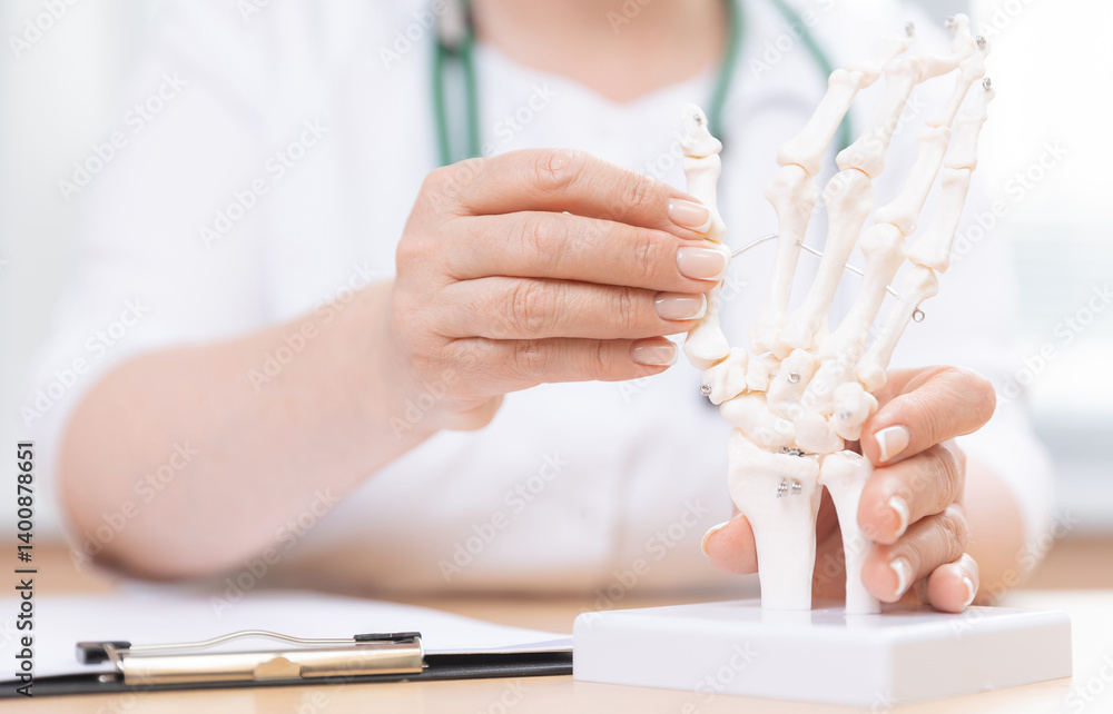 Med rheumatologist doctor demonstrating hand anatomy with skeletal ...