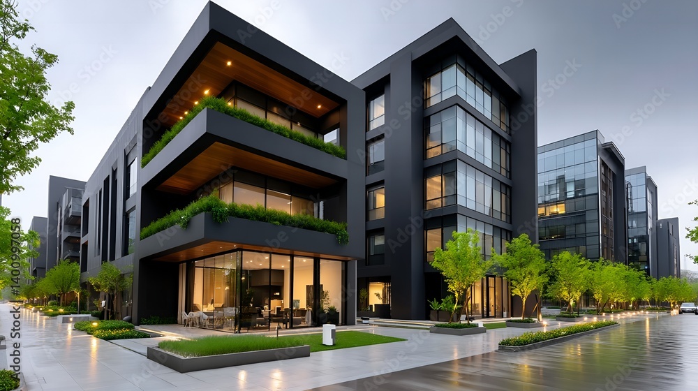 A modern architectural complex features sleek dark buildings with ...