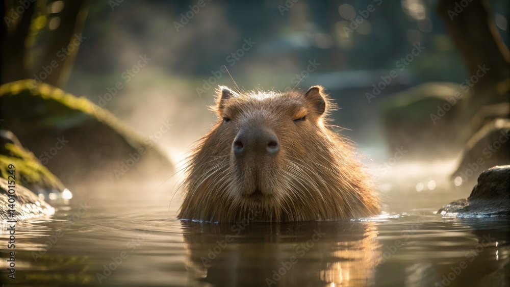 Capybara Chill Relax A beaver emerges from the water, surrounded by ...