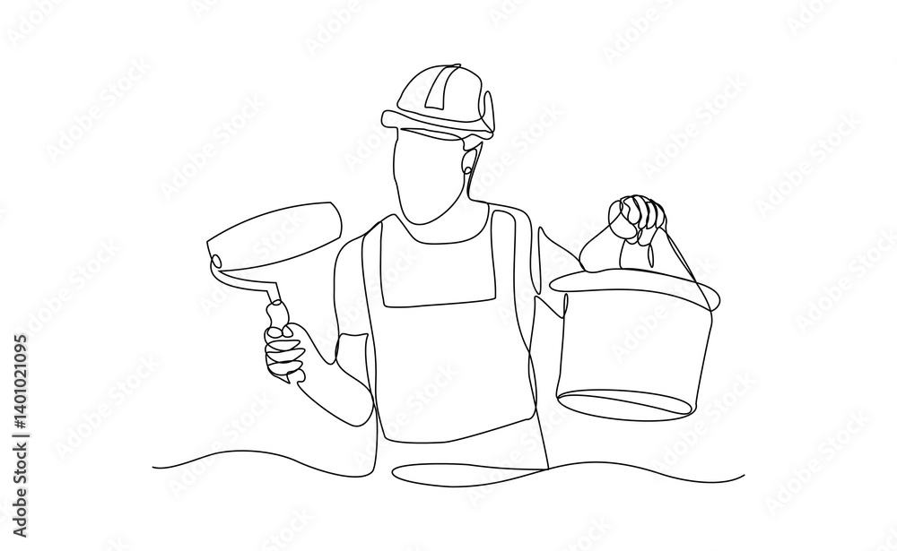 Continuous single line of man male painter holding painting roller and ...