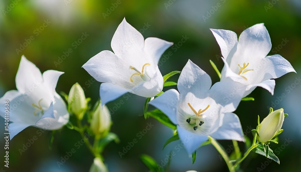 close up white bell flowers campanula persicifolia peach leaved ...