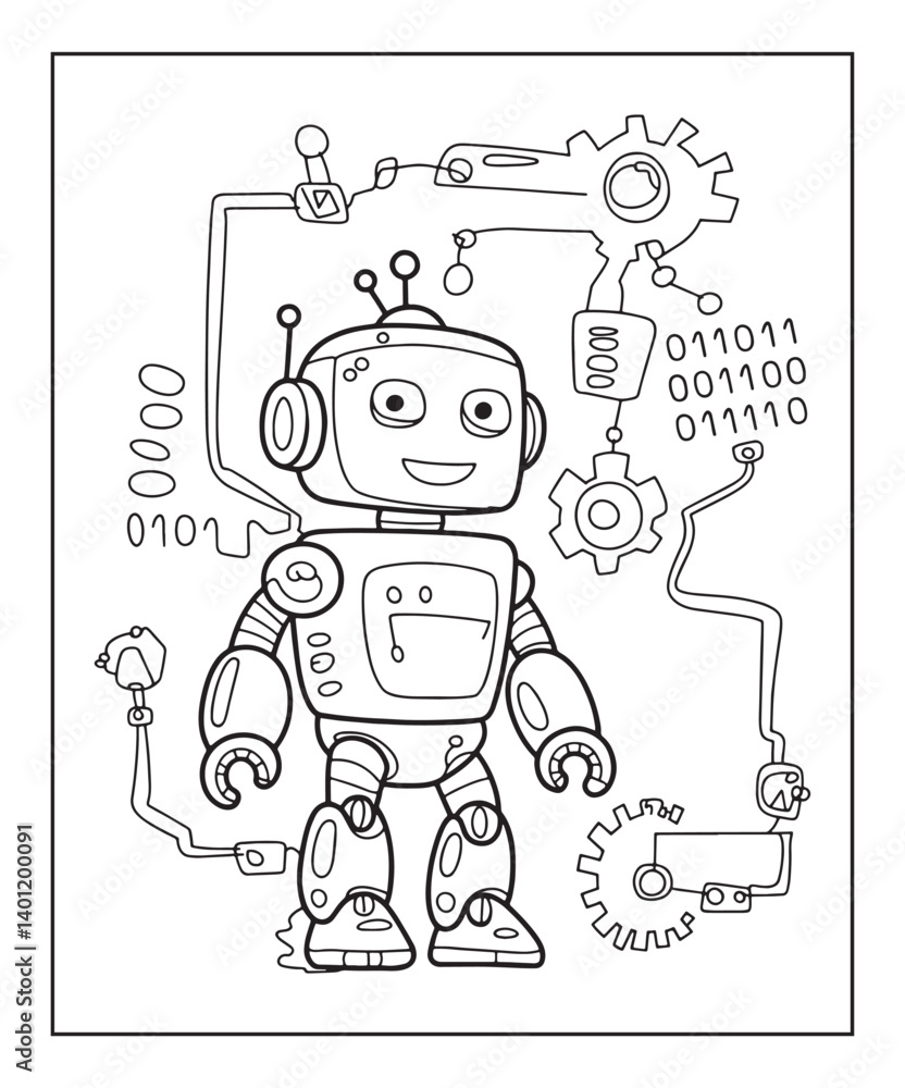 Robot coloring page for kids, black line art vector illustration on ...