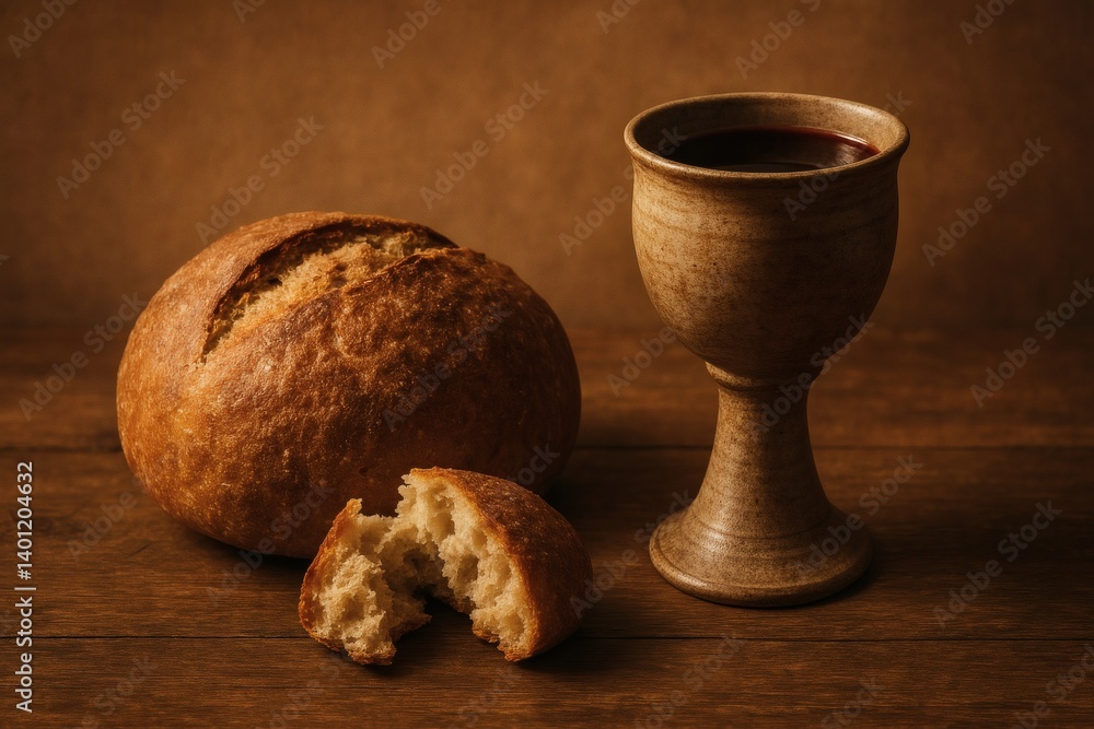Bread and wine symbolizing the Last Supper and the body and blood of ...
