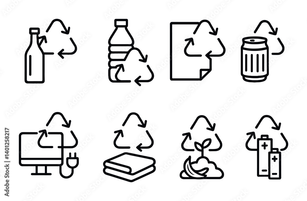 Recycling symbol icons: glass, plastic, paper, metal, e-waste, fabric ...