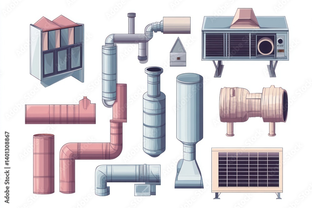 A detailed illustration of various air duct systems, including vent ...