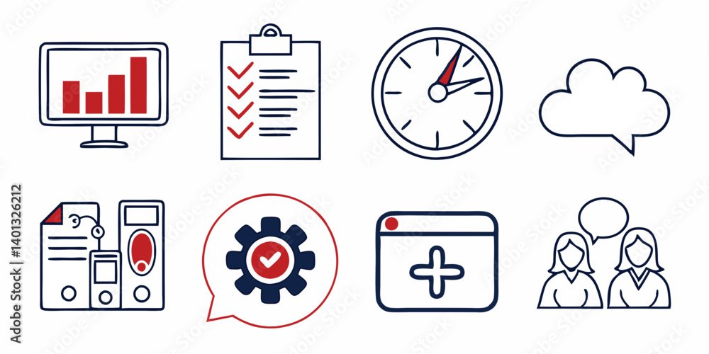 Business Icons Set: Data Analysis Chart, Checklist, Clock, Cloud Speech ...