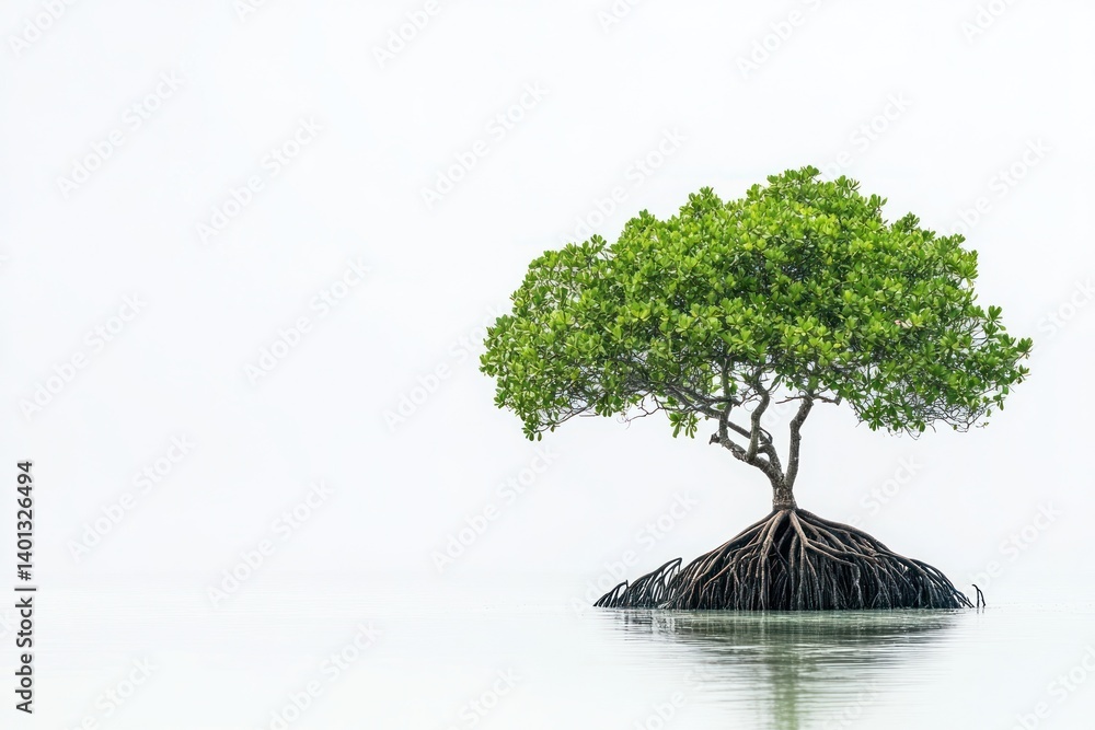 A lone mangrove tree standing tall, its roots submerged in the water ...