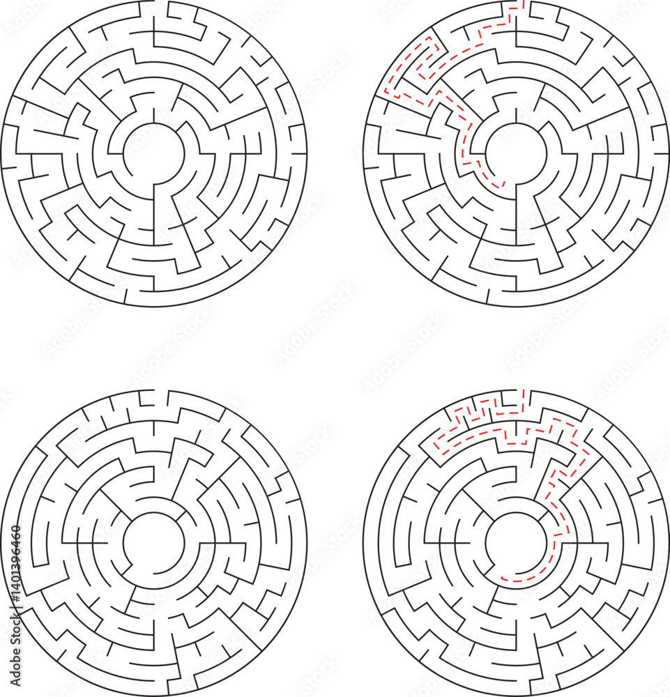 Circular Maze Puzzles Solutions and Paths to the Center Stock Vector ...