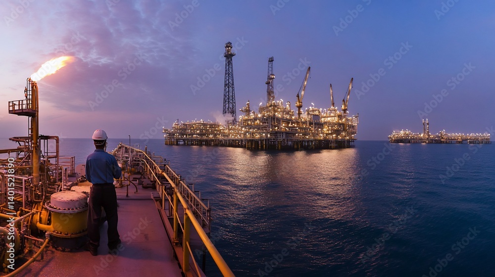 Offshore Oil Platform at Dusk: A worker overlooks a vast oil rig ...