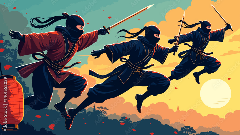 Three ninjas leap through the sunset sky with swords, wearing ...