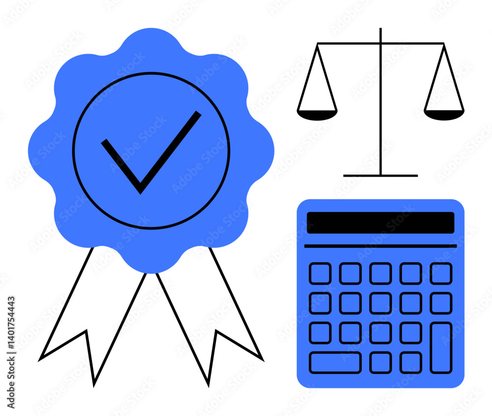 Blue badge with checkmark, balancing justice scale, and calculator ...