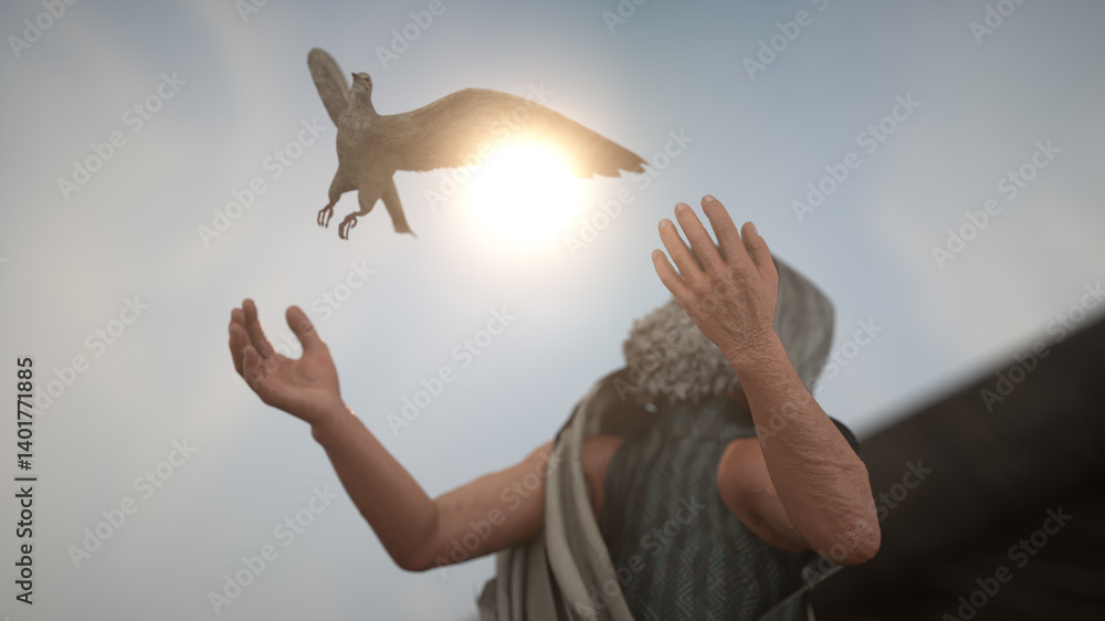 Bible story Noah releases a dove in the middle of a flood 3d render ...