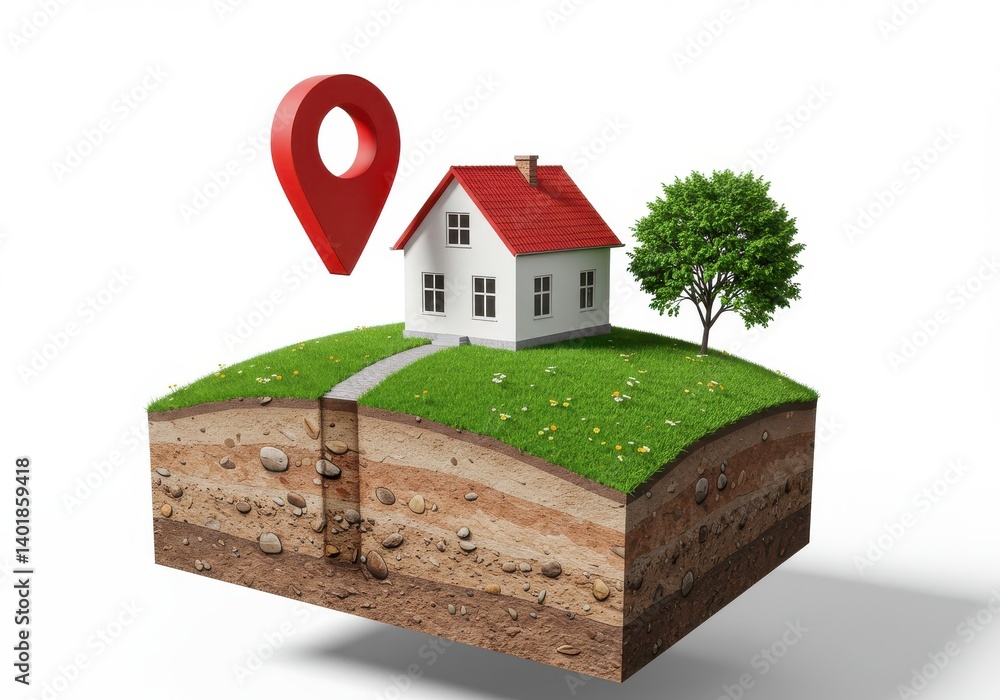 House on a hill with cross section of soil layers and a red location ...