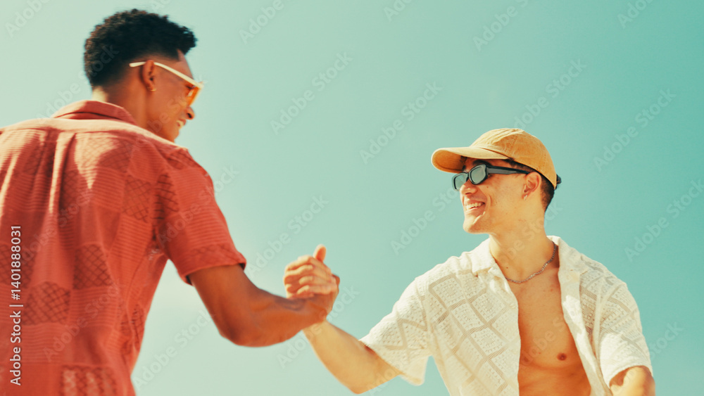 Smile, men and friends for handshake outdoor for greeting, meeting and ...