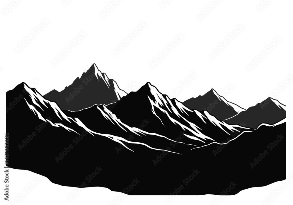 Rocky mountain silhouette. This image showcases bold black outlines of ...