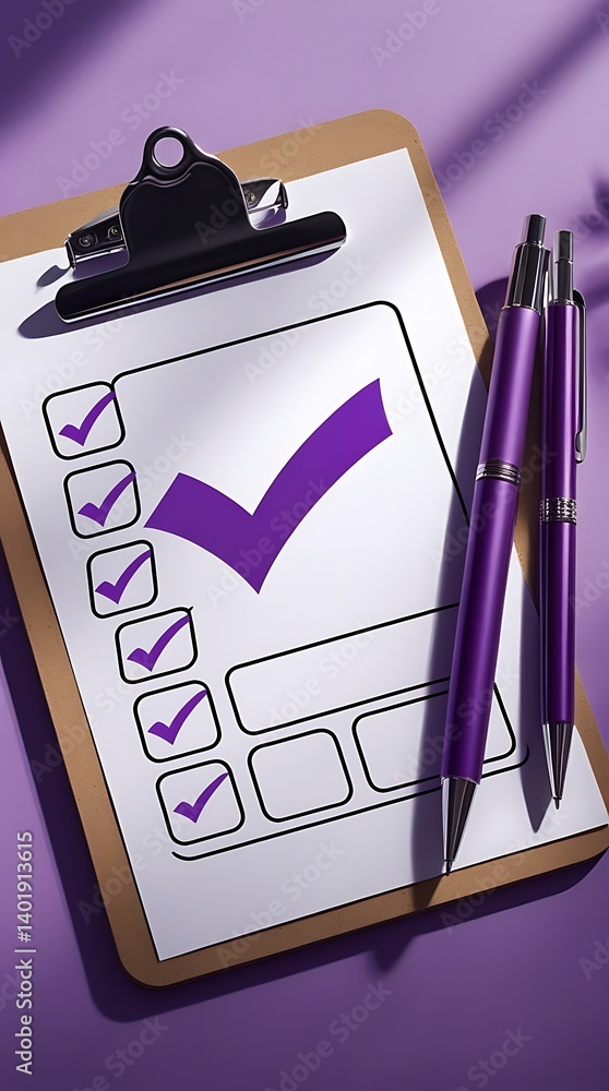 Checklist with purple check marks on clipboard and pen on purple background, representing task ...