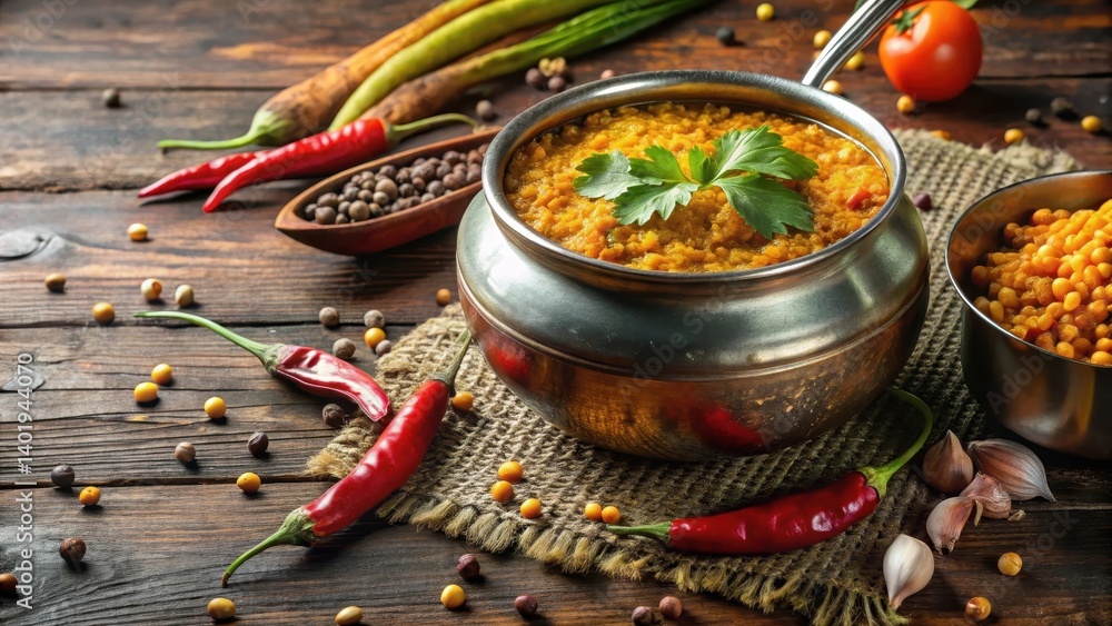 Aromatic spices and lentils in a traditional Guyanese dhal pot, dish ...