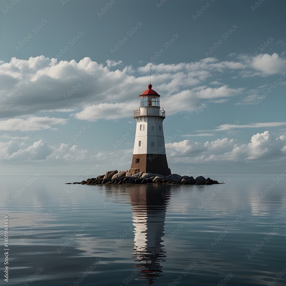 Calm waters mirror the steadfast lighthouse, a symbol of guidance and ...