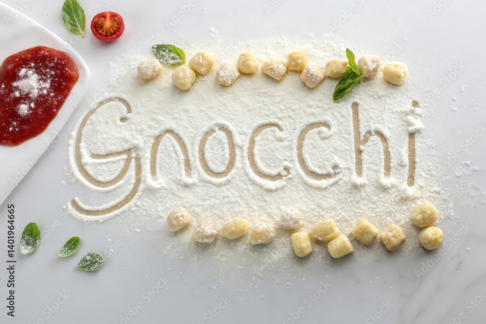 Gnocchi spelled in flour with uncooked potato dumplings and tomato ...