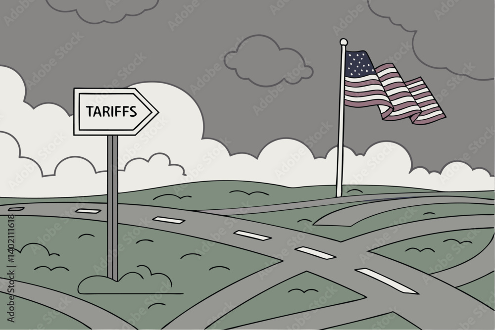 62 Road sign, tariffs, American flag, chaos, confusion, multiple ...