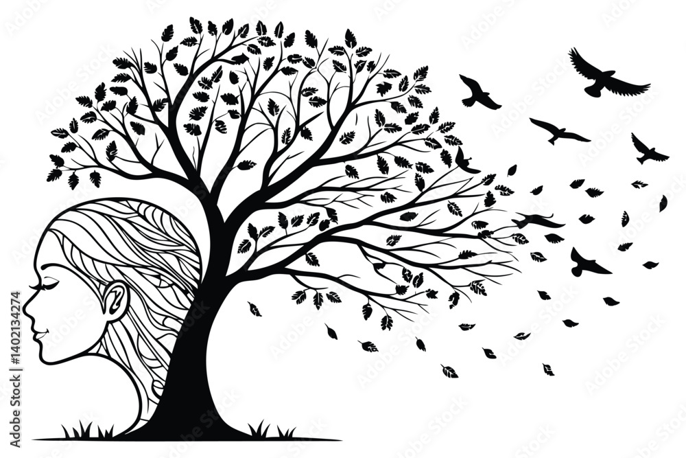 72 Black and white illustration, surreal tree, human head profile ...