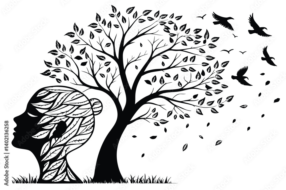 72 Black and white illustration, surreal tree, human head profile ...