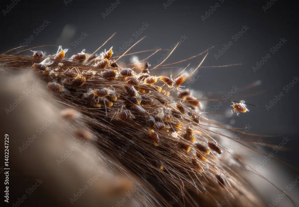 Close-up of lice infestation on brown hair under microscope ...