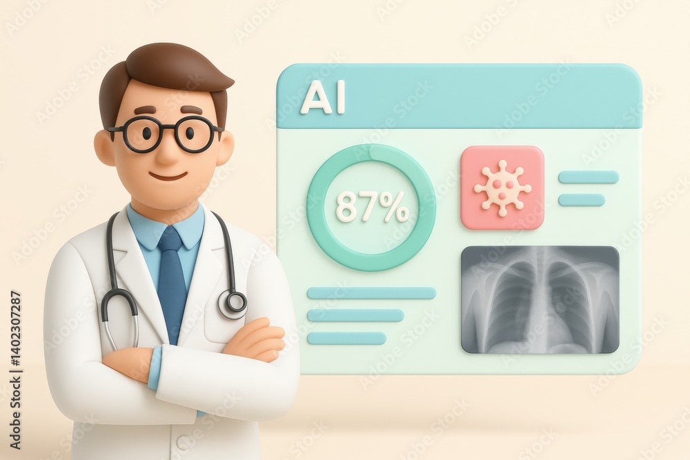 AI Doctor with Diagnostics: A friendly 3D-rendered doctor stands ...