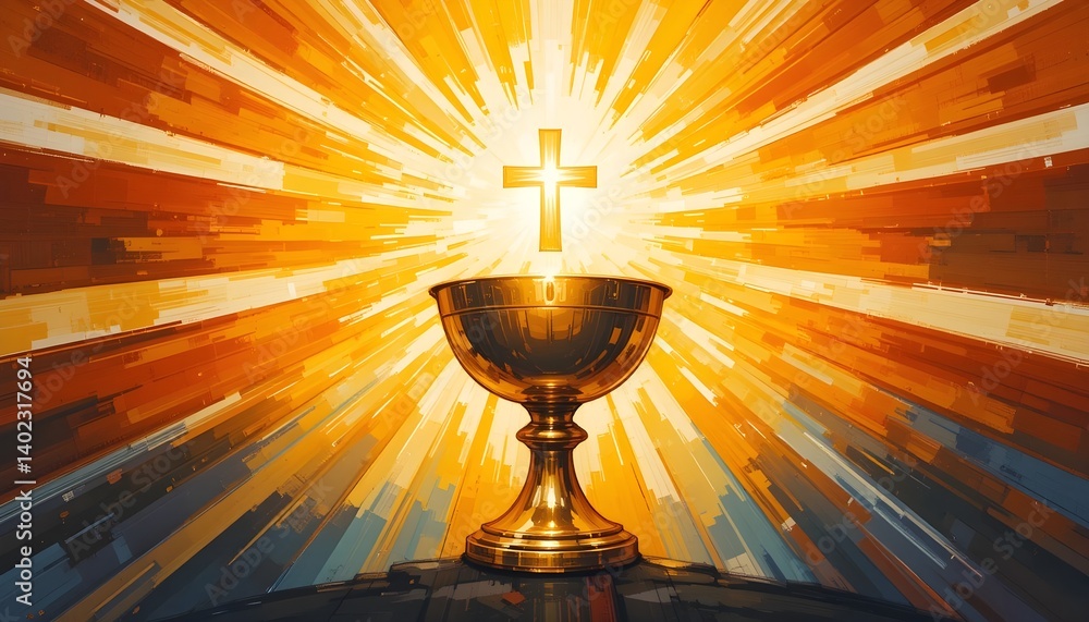 Golden chalice and cross illustration shining light of eucharist ...